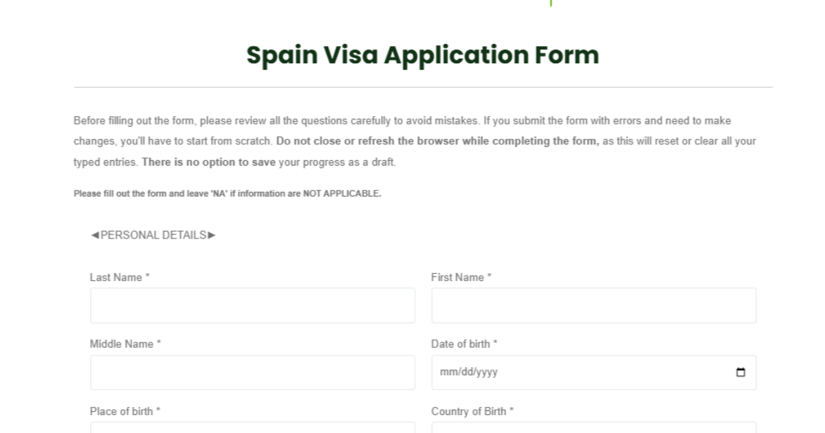 Spain Visa Form